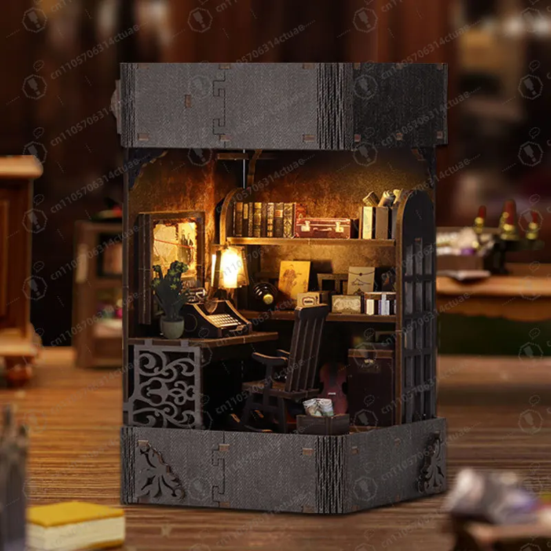 3D Wooden Detective Agency Bookend with Induction Lamp, Hand-Assembled ...