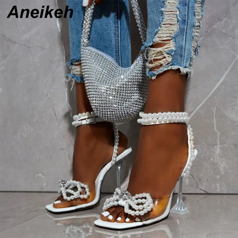 Aneikeh 2025 Summer White String Bead High Heels Wedding Shoes ...