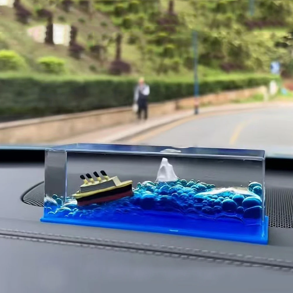 Car Decoration Floating Liquid Cruise Ship Navy Blue Boat Ornament Auto ...