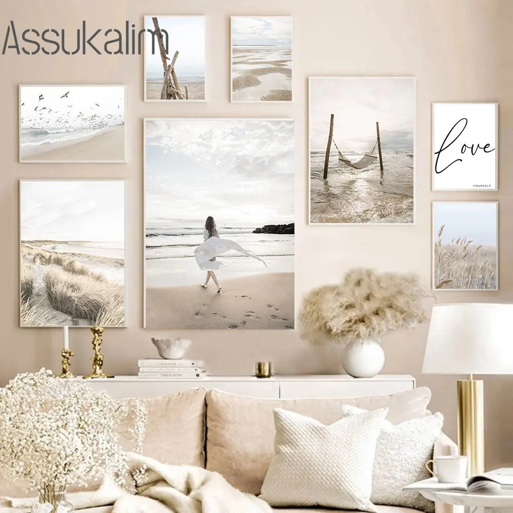 Beige Scenery Wall Art Beach Painting Poster Girl Art Prints Hay Reed ...