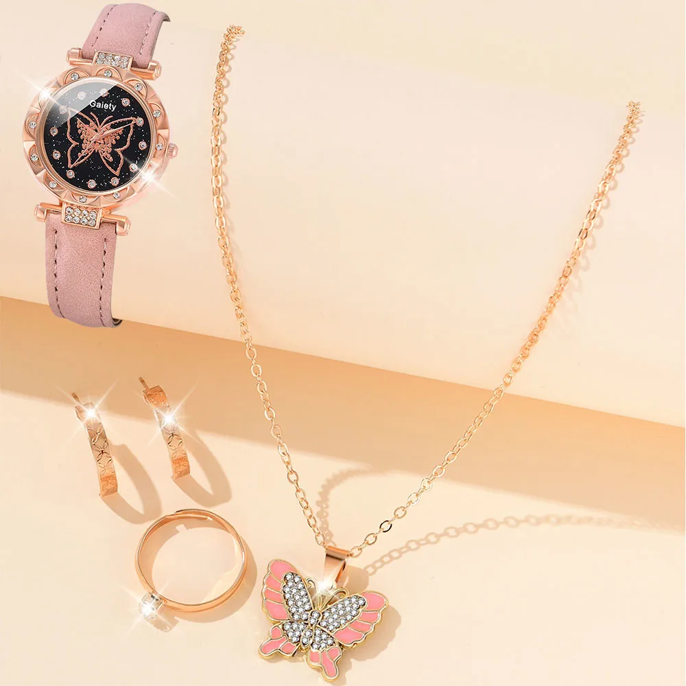 Gaiety-Women-Watch-5PCS-Set-Elegant-Pink-Butterfly-Water-Diamond-Quartz ...