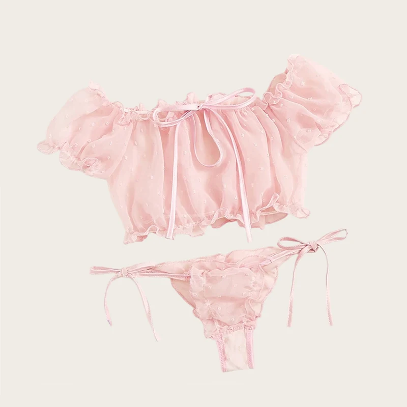 Women's Lingerie Sexy Mesh Bra Set Off Shoulder Ruffle Underwear Set ...