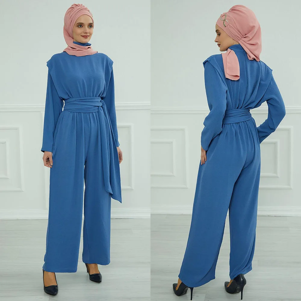 New-Casual-Loose-Muslim-Jumpsuit-Sets-Women-With-Belt-Elegant-Modest ...
