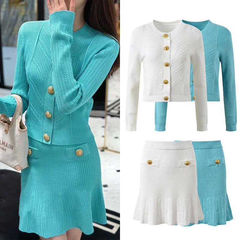 Autumn Women's Suit Knitted Top Skirt 2 Piece Matching Set White Outfit ...