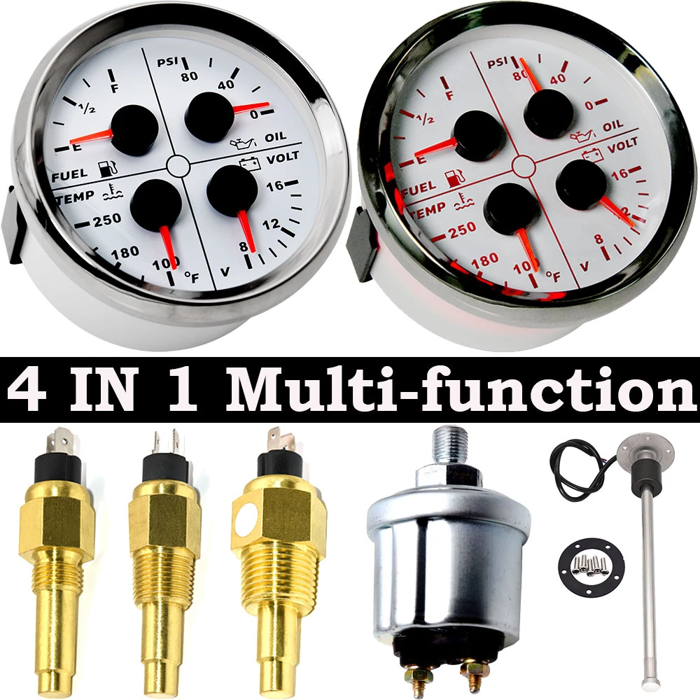 4 In 1 Oil Pressure Gauge 85mm Gauge Red Backlight For Marine Boat Fuel ...