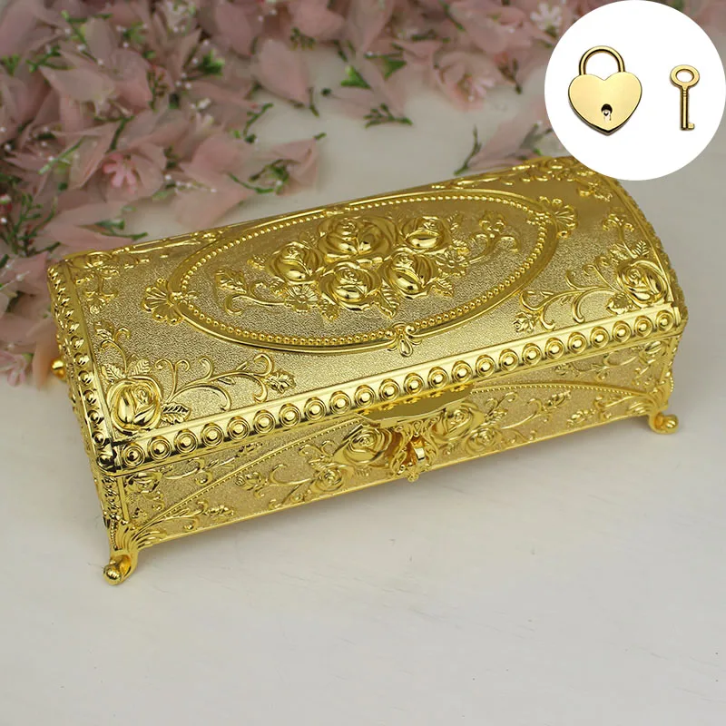 High Capacity Size 23cm Metal Jewelry Box with Lock Gold Color Casket ...