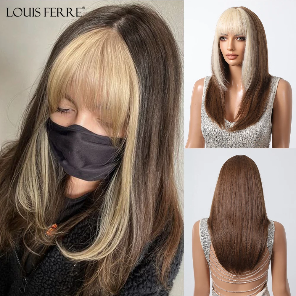 LOUIS-FERRE-Brown-Straight-Synthetic-Wigs-With-Warm-Blonde-Bangs ...