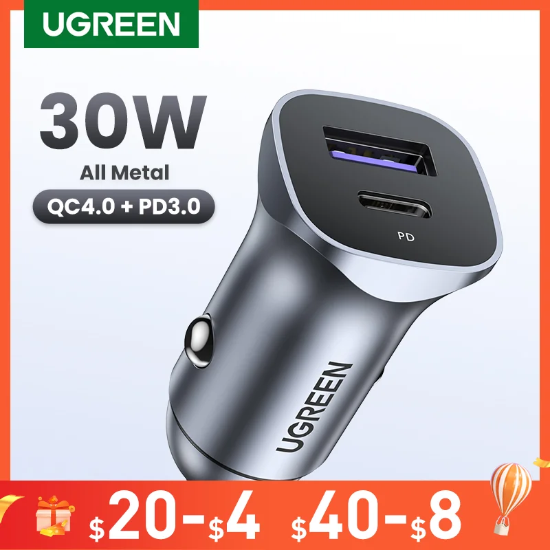Ugreen 30w carregador de carro usb tipo c carregador rápido qc 4.0 3.0 pd 20w carregamento ...