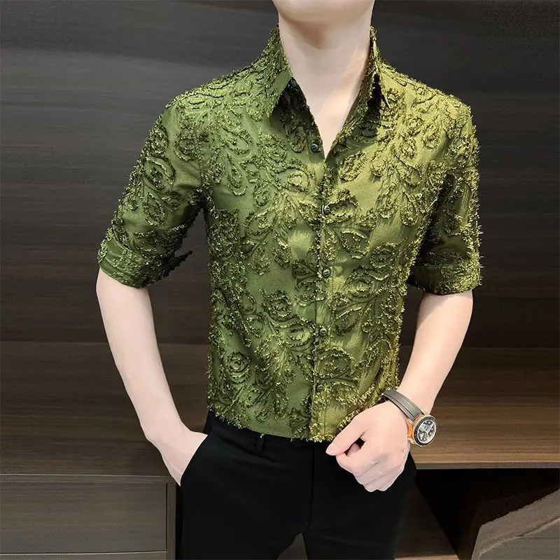 Fashionable Hollow Summer Trend New Style Shirt Slim Jacquard Mid ...