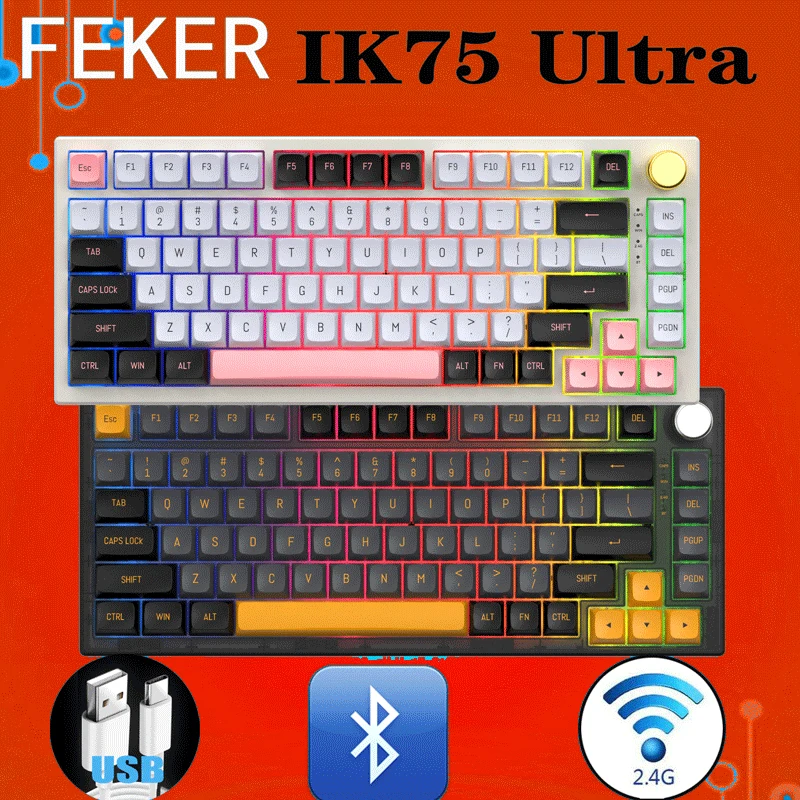 FEKER IK75 울트라 프로 키보드 키캡, 기계식 RGB 조명, 게임용 무선 게이트론, 말차, 팬더 스위치, 3 모드 ...