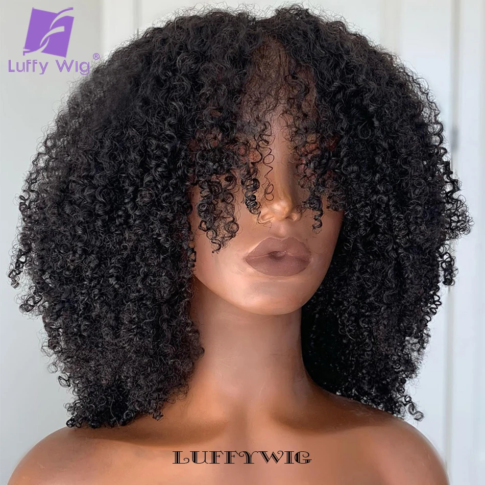 Korte Afro Kinky Krullende Pruik Met Pony Menselijk Haar Hoofdhuid Top ...