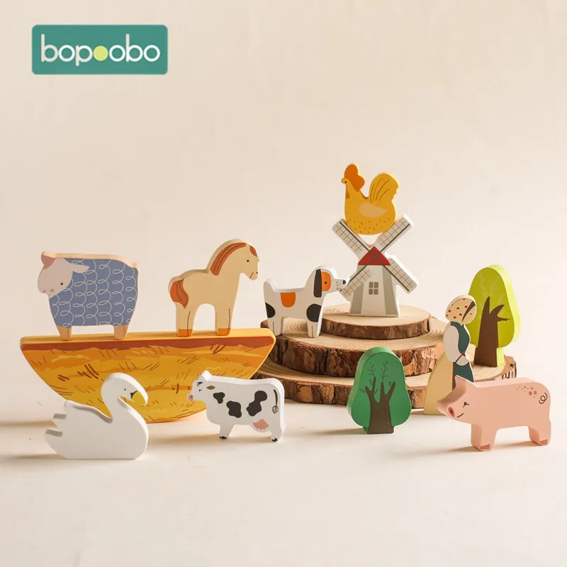 1Set Baby Farm Animal Balance Toys Wooden Stacking Toy Blocks Game ...