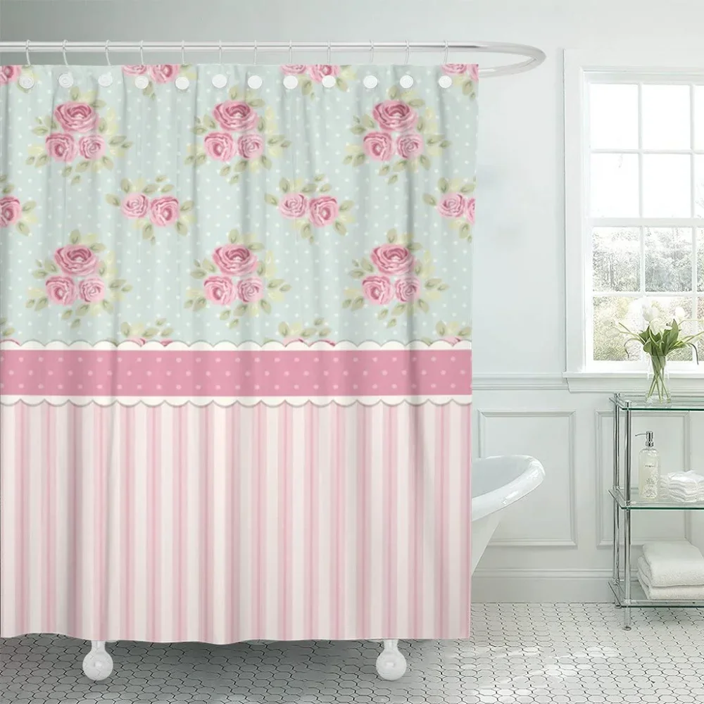 Women Girls Shower Curtains Colorful Cute Shabby Chic Roses and Polka ...
