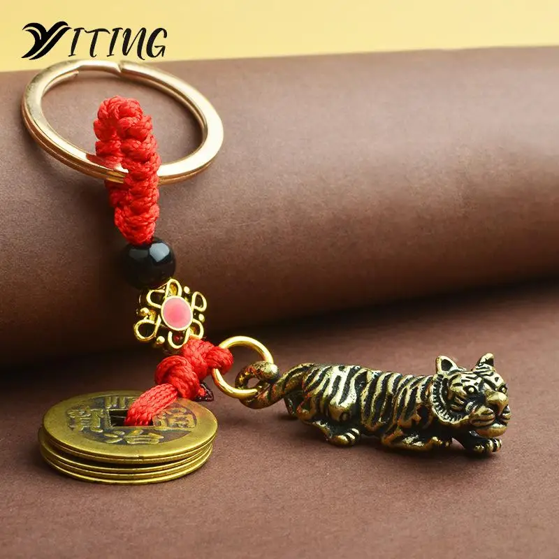 Vintage-Brass-Zodiac-Tiger-Keychain-Pendant-Hand-woven-Rope-Chinese ...