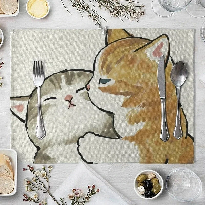 2pcs-Cartoon-Cat-Placemat-Cotton-Linen-Table-Mat-Cats-Animal-Pattern ...