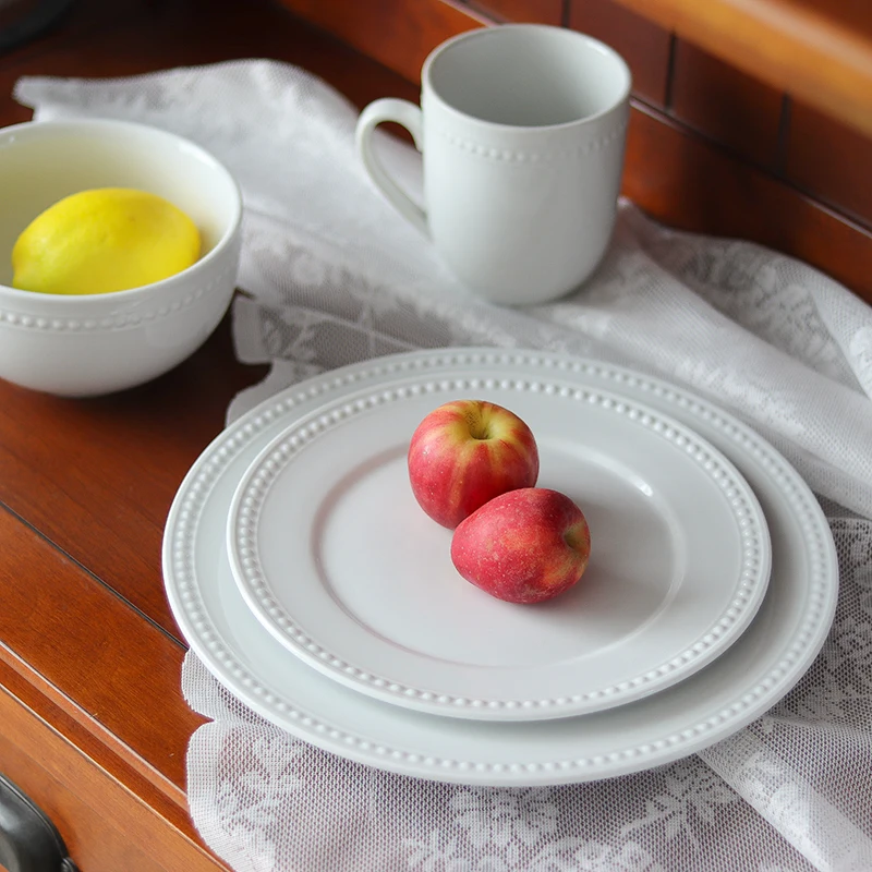 French-Embossed-Beaded-White-Ceramic-Plate-Classical-Simple-Tableware ...
