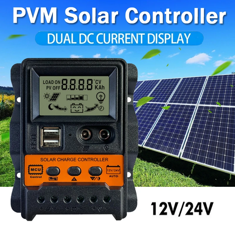 Pwm 솔라 충전 컨트롤러 듀얼 Dc 전류 디스플레이 솔라 패널 컨트롤러 Usb 포트가있는 12v24v 솔라 패널 배터리