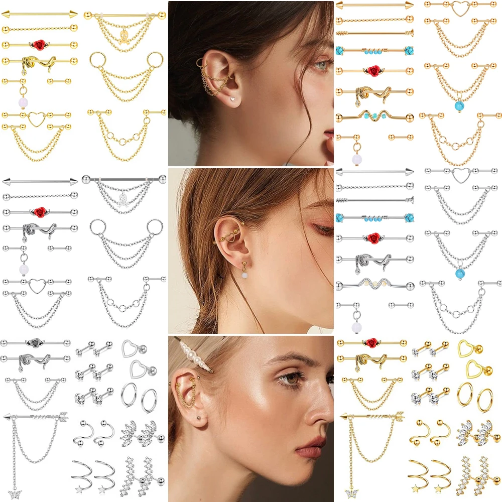 13PCS-Set-Stainless-Steel-Industrial-Piercing-Chain-Dangle-Barbell ...