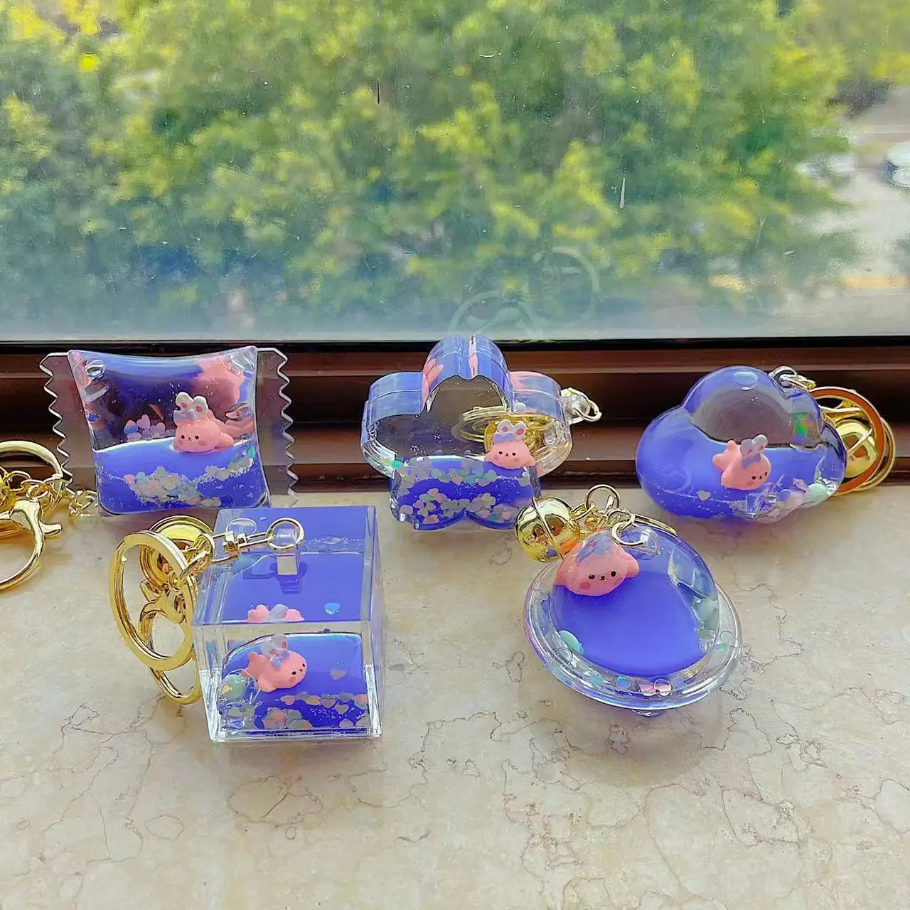 Cute Dreamy Blue Bunny Rabbit Quicksand Liquid Keychain Animal Oil ...