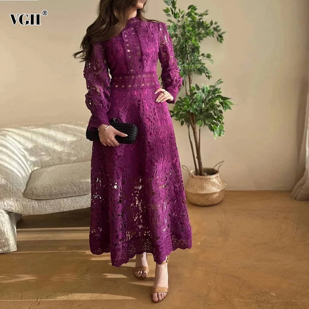 VGH Purple Hollow Out Elegant Dress For Women Round Neck Lantern Sleeve ...