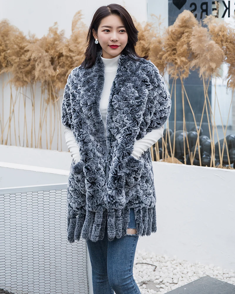 190*36cm Winter Knitted Real Rex Rabbit Fur Scarf with Pocket Wide ...