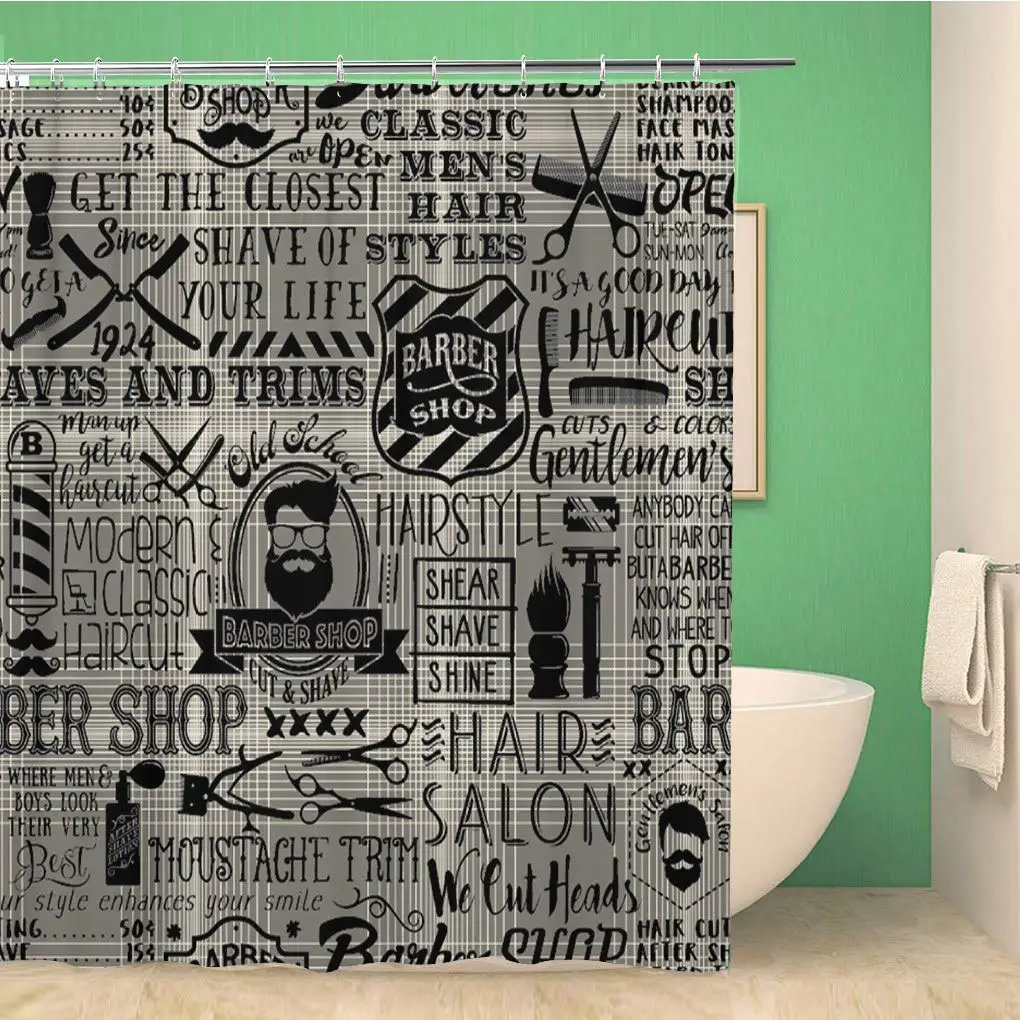Barbershop-Fabric-Shower-Curtain-Set-Barber-with-Tartan-Vintage-Badge ...