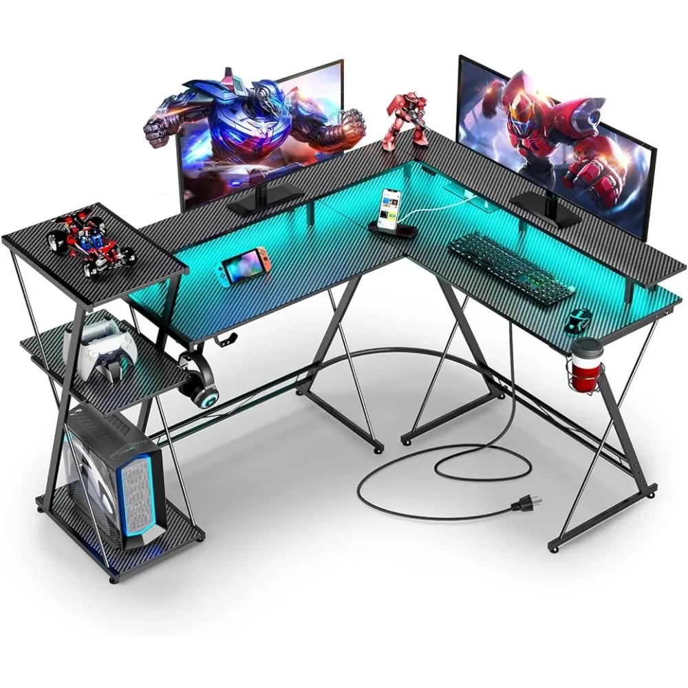 L-Shaped-Gaming-Desk-with-LED-Lights-Power-Outlets-50-Reversible ...
