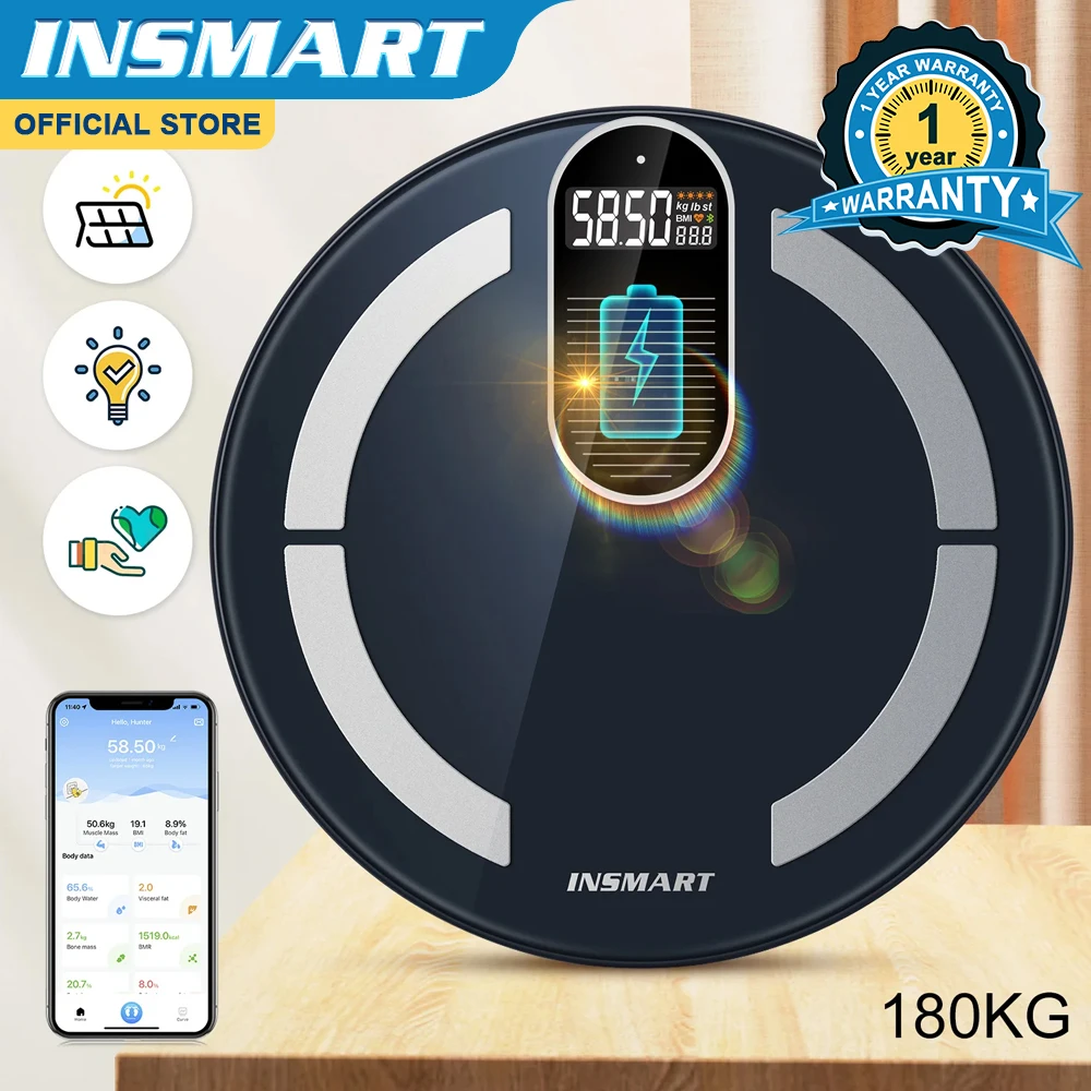 INSMART 신체 디지털 무게추 체중계, 태양열 및 빛 에너지 충전, 스마트 체중계 밸런스, 생체 임피던스, 체지방, 욕실 ...
