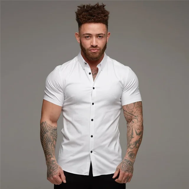 Men’s Fashion Dress Shirt Summer Classic Slim Fit Button Short Sleeve ...