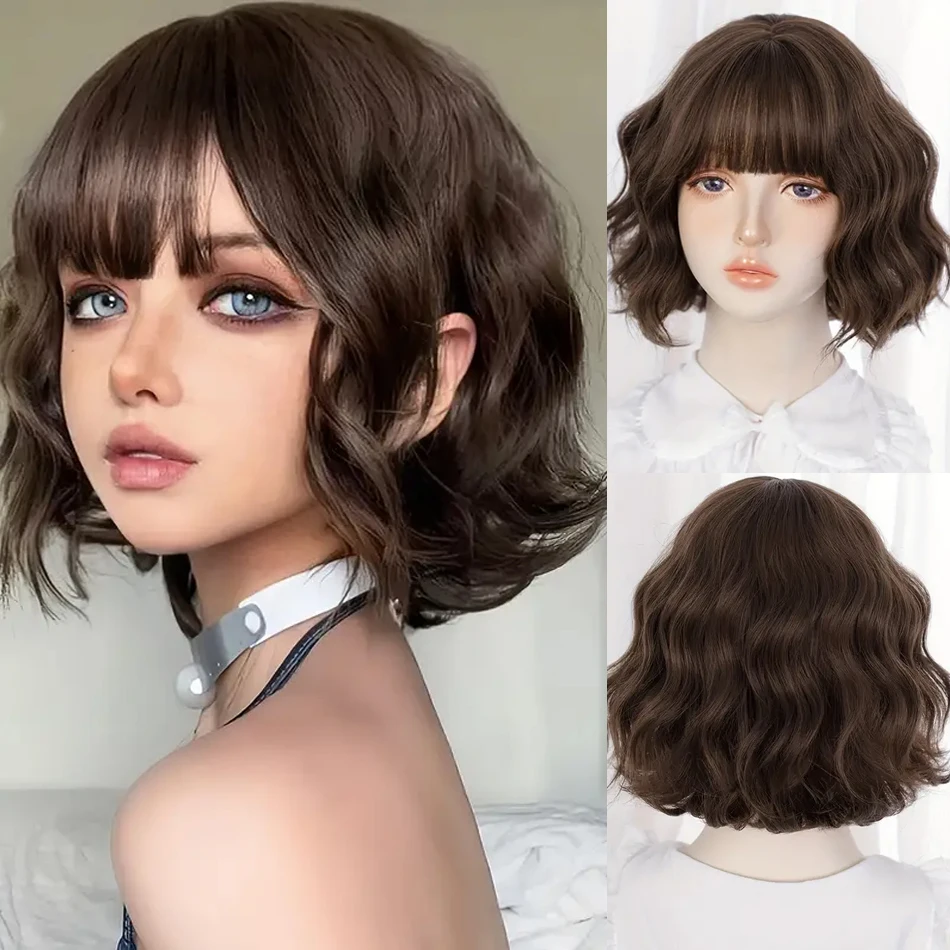 Cosplay Short Curly Synthetic Wig With Bangs Blonde Pink Water Wave Bob ...