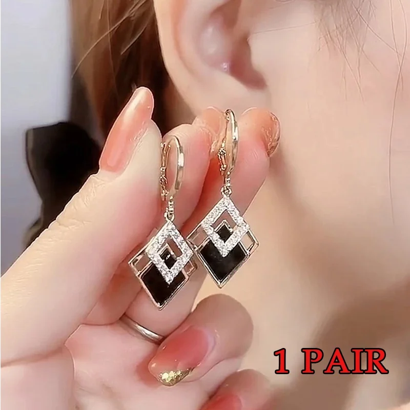 Korean-Fashion-Drop-Rhinestone-Earrings-for-Women-Black-Rhombus-Hanging-Earrings-Gold-Color ...