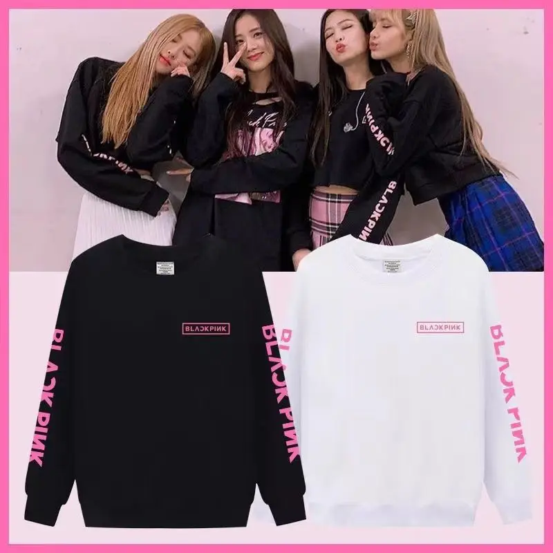 Kpop-Sweatshirt-Women-Korean-Pullover-Cotton-Fleece-Hoodie-Black-and ...