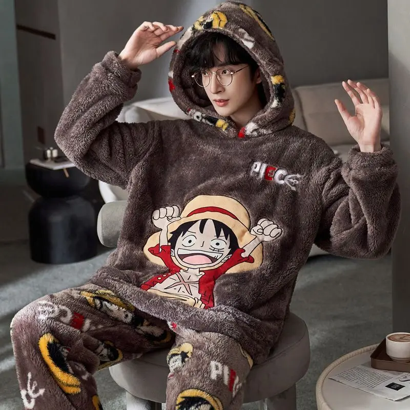 Pijama-coral-de-manga-comprida-masculino-One-Piece-Luffy-Anime-roupas ...