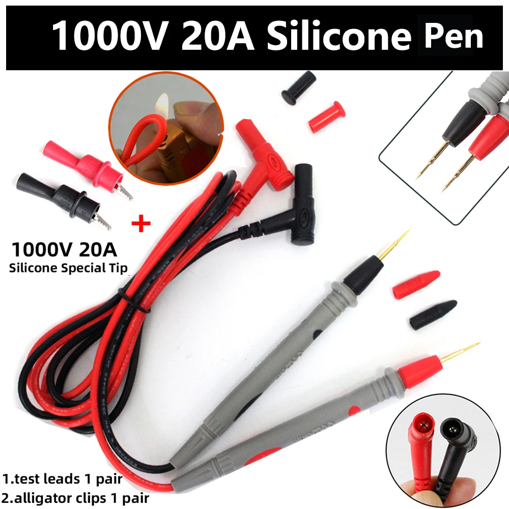 1000V 20A 1 Pair Digital Multimeter Probe Soft-silicone-wire Needle-tip ...