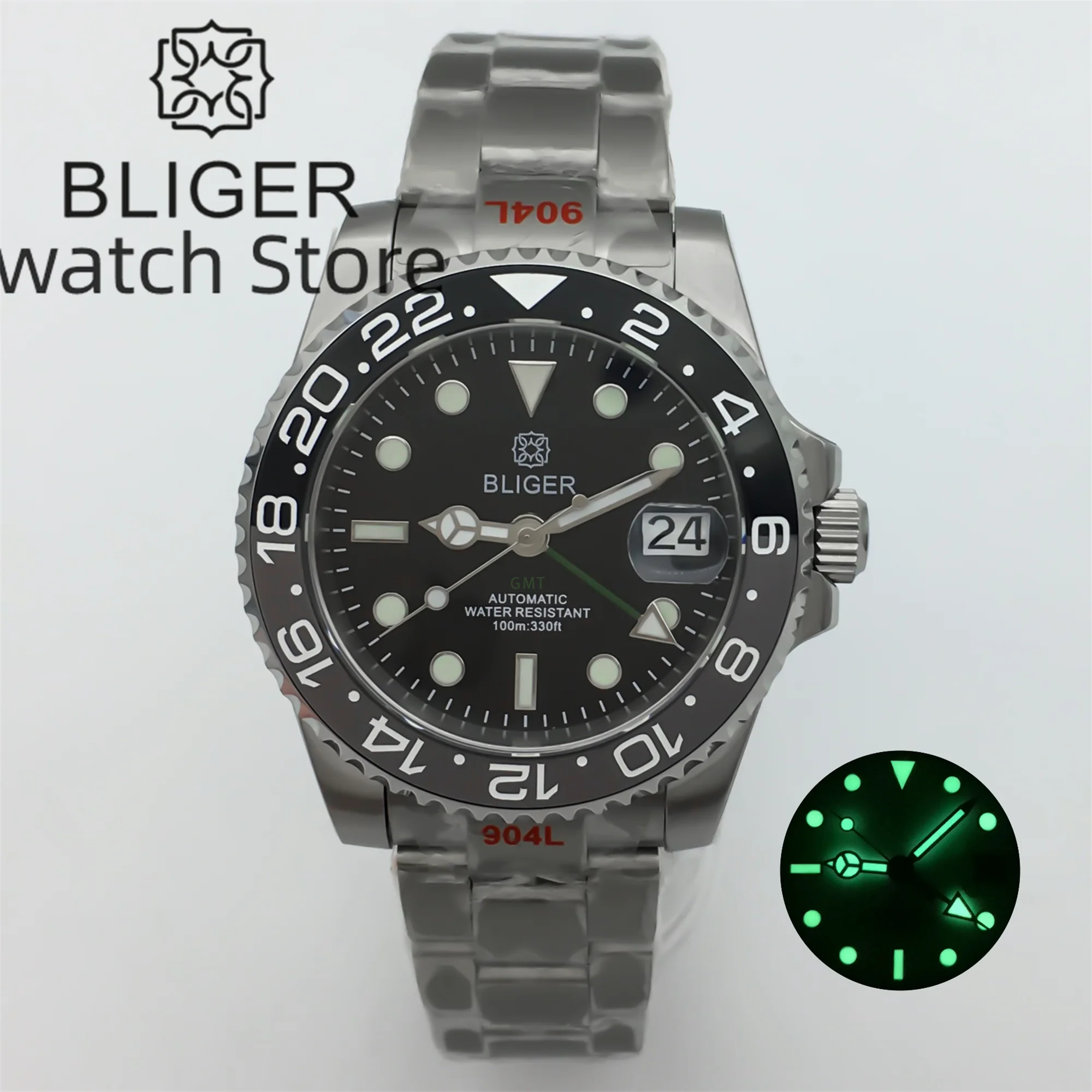 BLIGER-40mm-GMT-Watch-For-Men-Black-gray-Ceramic-bezel-Sapphire-Glass ...