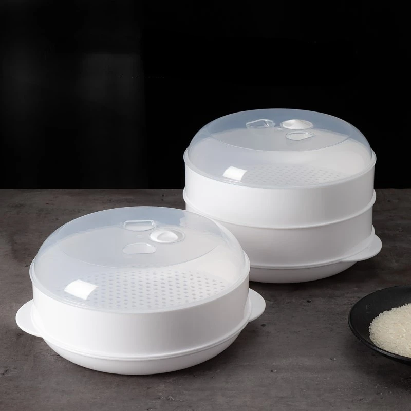 Double-Plastic-Steamer-Microwave-Oven-Round-Steamer-With-Lid-Cookware ...