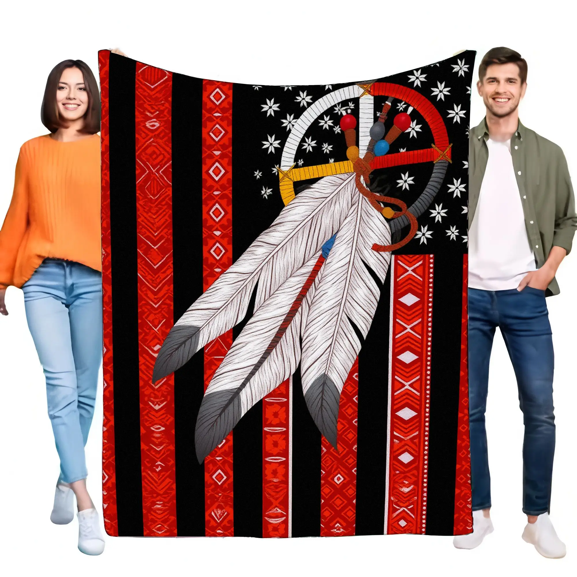 Native American-Inspired Decorative Blanket Tapestry with Feathers ...
