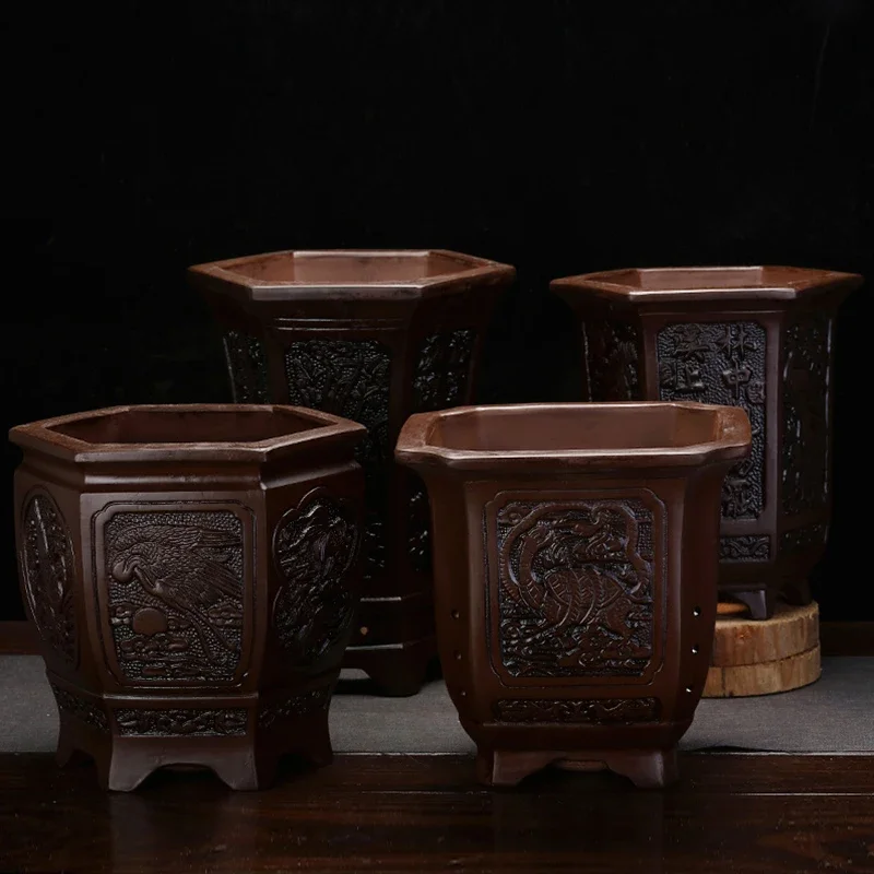 Chinese-Handmade-Carved-Purple-Clay-Flowerpot-Home-Furnishing ...