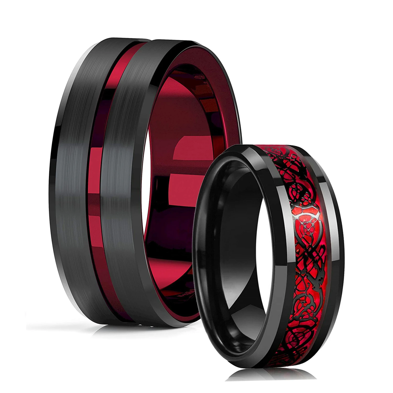 Fashion-8mm-Red-Groove-Beveled-Edge-Black-Tungsten-Wedding-Rings-For ...
