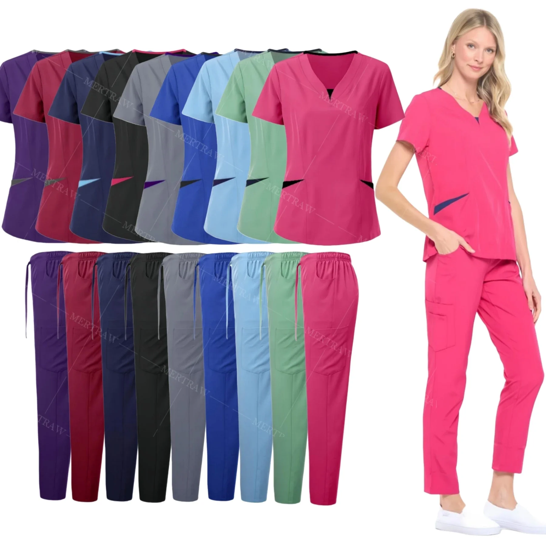 Polychrome-Beautician-Uniform-Medical-Surgical-Suits-Woman-Nursing-Sets ...
