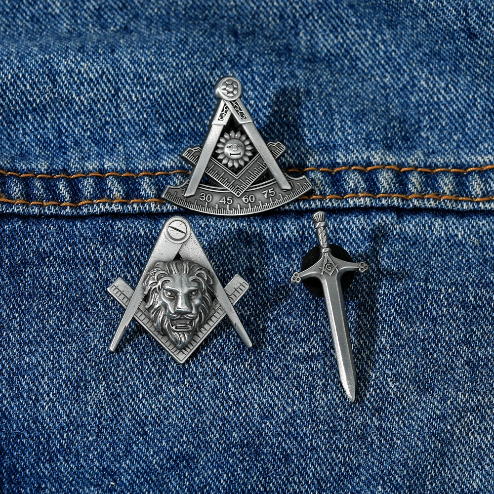 3 Styles Vintage Masonic Emblem Sword Shaped Brooches Sun Lion Head ...