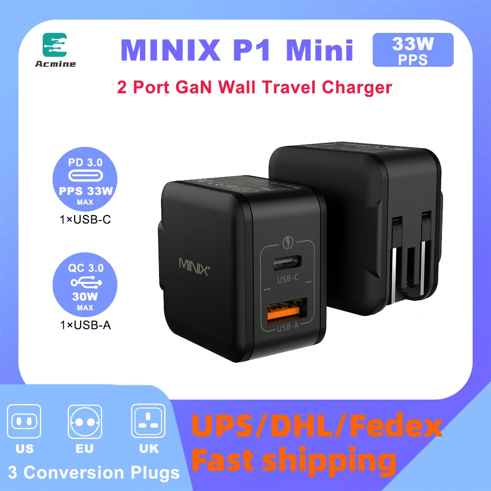 Minix-P1-Mini-33W-Charger-Plug-USB-A-USB-C-2-Port-GaN-Wall-Travel ...