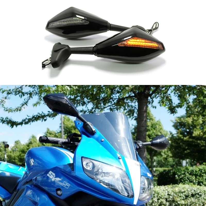 1Pair Motorcycle Rearview Mirrors with LED Turn Signals for Yamaha YZF ...