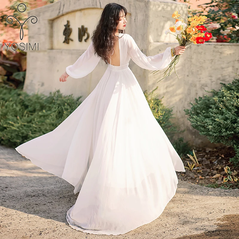 YOSIMI-Vestido-largo-de-gasa-blanco-para-mujer-prenda-elegante-de-manga ...