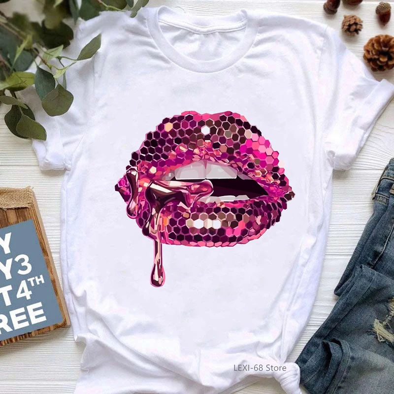 Pink Glitter Lips Graphic Print Tshirt Women'S Clothing Luxurious ...