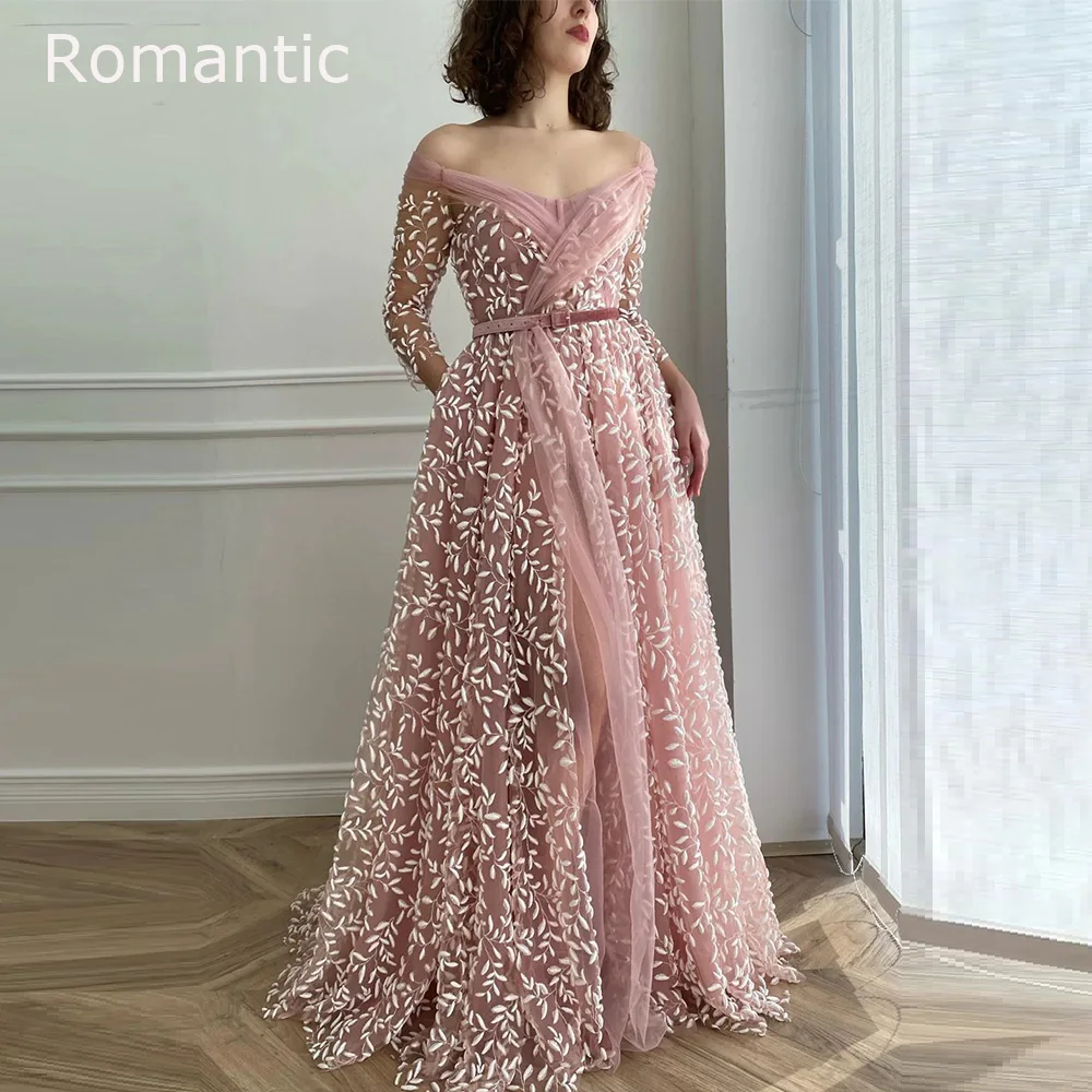 Romantic-Elegant-Pink-Evening-Dresses-Long-Prom-Gown-Pockets-Sleeve-Off ...