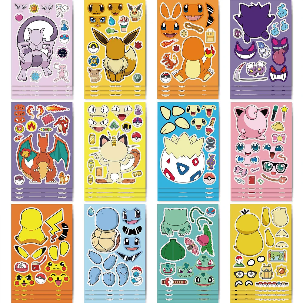 6/12Sheets Pokemon Children Puzzle Stickers Make-a-Face Assemble Funny ...