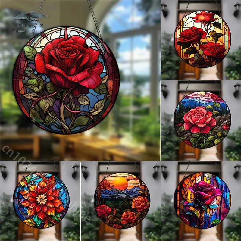 Stained-Rose-Acrylic-Suncatcher-Window-Hanging-Flowers-Window-Wall ...