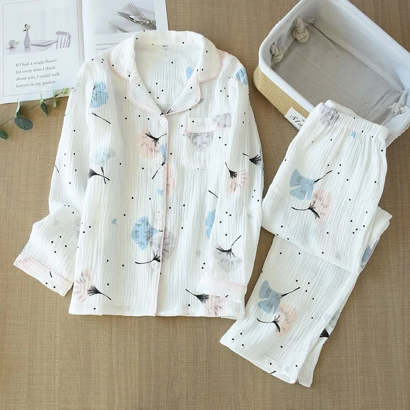 Ladies-Pajamas-Set-100-Gauze-Cotton-Ginkgo-Leave-Printed-Pyjamas-Women ...