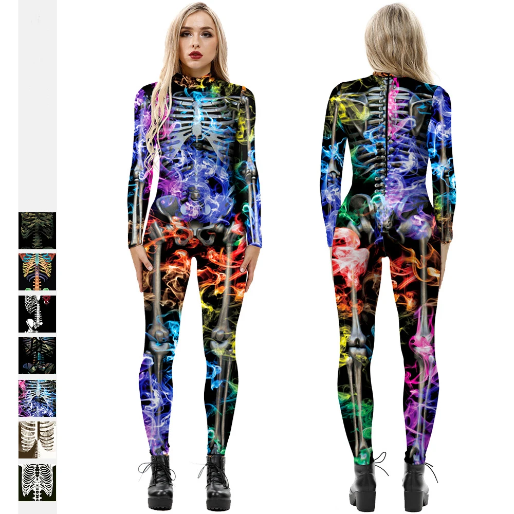 Sexy-Women-Jumpsuits-3D-Printed-Scary-Skeleton-Bodysuits-Full-Sleeve ...